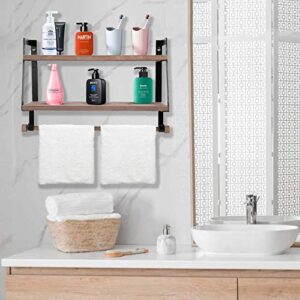 Halcent Wall Shelves Wood Storage Shelves with Towel Bar, Floating Shelves Rustic 2 Tier Bathroom Shelf Kitchen Spice Rack with Hooks for Bathroom Kitchen Utensils