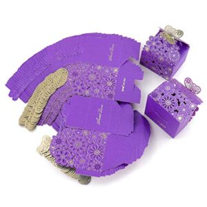 Kslong 50Pcs/Set Flower Butterfly Hollow Candy Box Cookie Gift Boxes Butterfly Party Decoration Wedding Favors Cute Chocolate Box for Wedding Bridal Birthday Party Supplies (Purple, S)