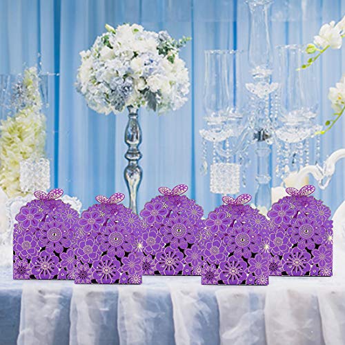 Kslong 50Pcs/Set Flower Butterfly Hollow Candy Box Cookie Gift Boxes Butterfly Party Decoration Wedding Favors Cute Chocolate Box for Wedding Bridal Birthday Party Supplies (Purple, S)