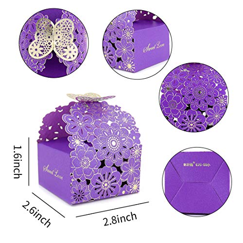 Kslong 50Pcs/Set Flower Butterfly Hollow Candy Box Cookie Gift Boxes Butterfly Party Decoration Wedding Favors Cute Chocolate Box for Wedding Bridal Birthday Party Supplies (Purple, S)