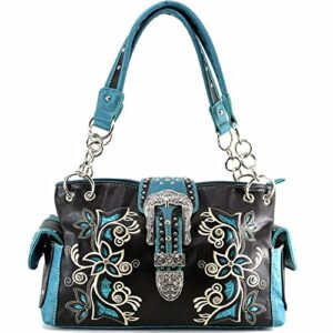 justin west embroidery floral rhinestone silver cross laser cut tooled leather western shoulder concealed carry handbag purse messenger bag tote wallet (dark brown turquoise handbag)