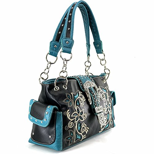 Justin West Embroidery Floral Rhinestone Silver Cross Laser Cut Tooled Leather Western Shoulder Concealed Carry Handbag Purse Messenger Bag Tote Wallet (Dark Brown Turquoise Handbag)