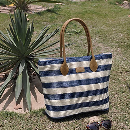 Striped Synthetic Straw Womens Tote Light Weight Vaction Shoulder Handbag (Navy)