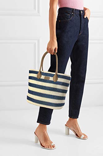 Striped Synthetic Straw Womens Tote Light Weight Vaction Shoulder Handbag (Navy)