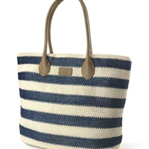 Striped Synthetic Straw Womens Tote Light Weight Vaction Shoulder Handbag (Navy)