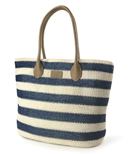 Striped Synthetic Straw Womens Tote Light Weight Vaction Shoulder Handbag (Navy)