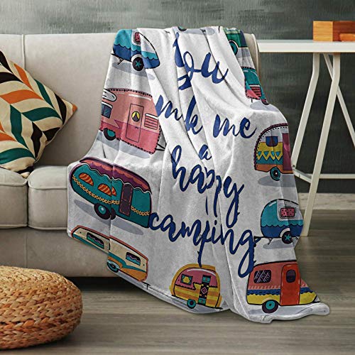 SUN-Shine Camper Throw Blanket RV Blankets You Make Me Happy Camping Caravans White Cartoon Travel Throws Warm Cozy Microfiber All Seasons Blanket for Bed Sofa Couch Stadium 40x50inch