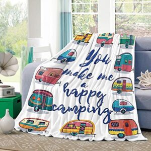 SUN-Shine Camper Throw Blanket RV Blankets You Make Me Happy Camping Caravans White Cartoon Travel Throws Warm Cozy Microfiber All Seasons Blanket for Bed Sofa Couch Stadium 40x50inch