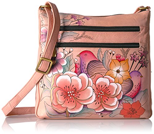 Anna by Anuschka Women's Genuine Leather Medium Triple Pocket Cross Body | Hand Painted Original Artwork | Vintage Garden