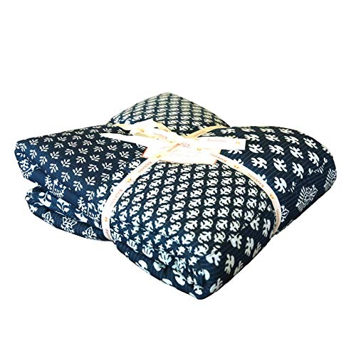 Quilted Blue Patchwork Cotton Throw Blanket Indian Decorative Super Soft Warm Blanket for Sofa Couch 50 x 60 Inches