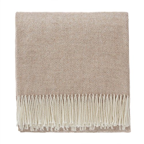 URBANARA 50% Alpaca Wool 50% Merino Wool Throw Corcovado 51x67 Light Brown/Off-White with Fringe — Blanket with Decorative Herringbone Weave Design — Perfect for Your Couch, Sofa, Bed, Chair