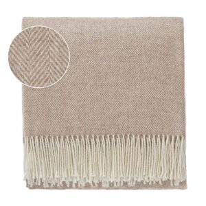 URBANARA 50% Alpaca Wool 50% Merino Wool Throw Corcovado 51x67 Light Brown/Off-White with Fringe — Blanket with Decorative Herringbone Weave Design — Perfect for Your Couch, Sofa, Bed, Chair