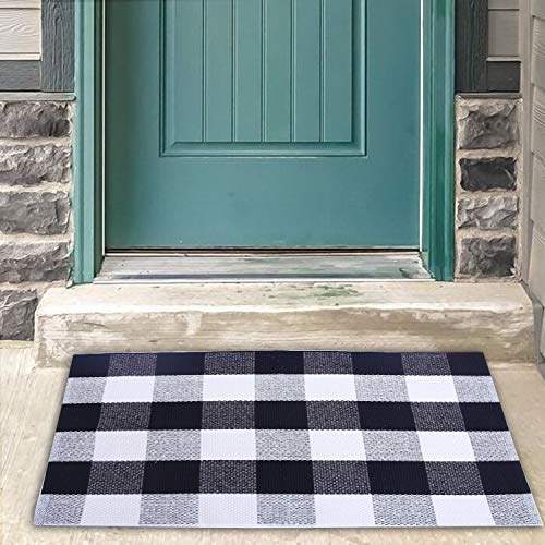 LHtrade Outdoor Rug Cotton Rug Buffalo Checkered Plaid Area Rug Door Mat for Entry Way Washable Doormat Bedroom Carpet Welcome Mat(24" x 51", Black and White Plaid Rug)