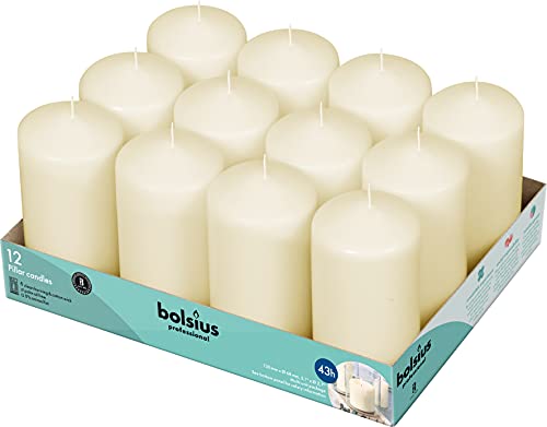 BOLSIUS Set of 12 Ivory Pillar Candles - Unscented 43 Hour Long Lasting Candles - 2.75-x 5-inch Dripless Clean Burning Smokeless Dinner Candle - Perfect for Weddings Parties and Special Occasions