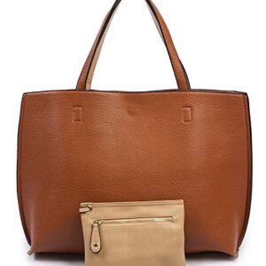 Overbrooke Reversible Tote Bag, Tan & Cream - Large Vegan Leather Womens Shoulder Tote with Wristlet, 2016