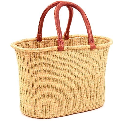 African Market Basket, Large Oval Woven Straw Basket with Handle Fair Trade Storage Organizer