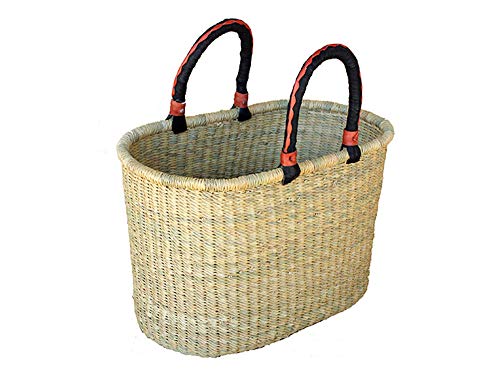 African Market Basket, Large Oval Woven Straw Basket with Handle Fair Trade Storage Organizer