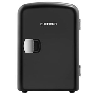 chefman mini portable black personal fridge cools or heats and provides compact storage for skincare, snacks, or 6 12oz cans w/a lightweight 4-liter capacity to take on the go