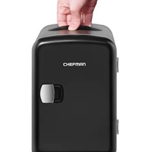 Chefman Mini Portable Black Personal Fridge Cools Or Heats and Provides Compact Storage For Skincare, Snacks, Or 6 12oz Cans W/A Lightweight 4-liter Capacity To Take On The Go