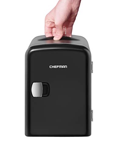 Chefman Mini Portable Black Personal Fridge Cools Or Heats and Provides Compact Storage For Skincare, Snacks, Or 6 12oz Cans W/A Lightweight 4-liter Capacity To Take On The Go