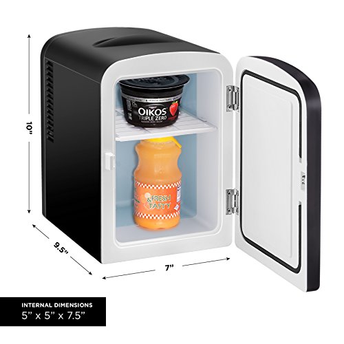 Chefman Mini Portable Black Personal Fridge Cools Or Heats and Provides Compact Storage For Skincare, Snacks, Or 6 12oz Cans W/A Lightweight 4-liter Capacity To Take On The Go