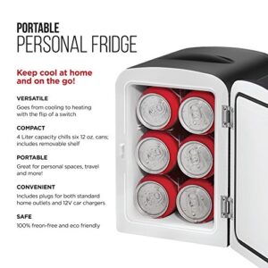 Chefman Mini Portable Black Personal Fridge Cools Or Heats and Provides Compact Storage For Skincare, Snacks, Or 6 12oz Cans W/A Lightweight 4-liter Capacity To Take On The Go