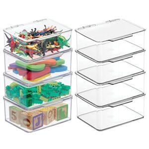 mdesign plastic playroom and gaming storage organizer box containers with hinged lid for shelves or cubbies, holds small toys, building blocks, puzzles, markers, controllers, or crayons, 8 pack, clear