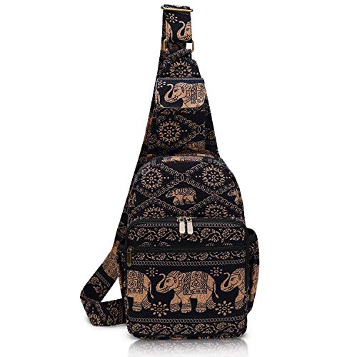 Women sling bag Elephant canvas large boho backpacks bohemian Crossbody bag (Black)