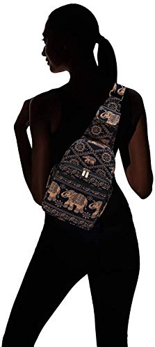 Women sling bag Elephant canvas large boho backpacks bohemian Crossbody bag (Black)