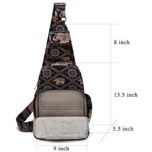 Women sling bag Elephant canvas large boho backpacks bohemian Crossbody bag (Black)