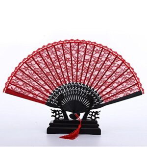 Exasinine Retro Lace Hand Fan Bamboo Folding Fan Handheld Fan (Red)