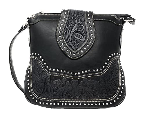 Concealed Carry Tooled Leather Crossbody Purse - Black