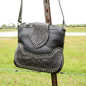 Concealed Carry Tooled Leather Crossbody Purse - Black