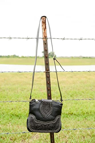 Concealed Carry Tooled Leather Crossbody Purse - Black