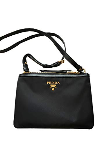 Prada Bandoliera Tessuto Nylon Soft Calf Trim Black Crossbody Bag 1BH046