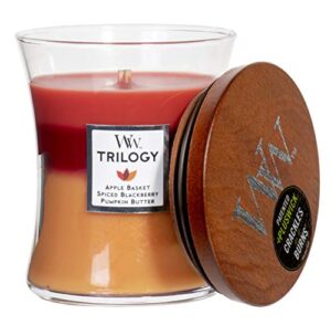 woodwick trilogy autumn harvest – apple basket, spiced blackberry, pumpkin butter scented hourglass crackling wooden wick candle in clear glass jar, medium – 9.7 oz