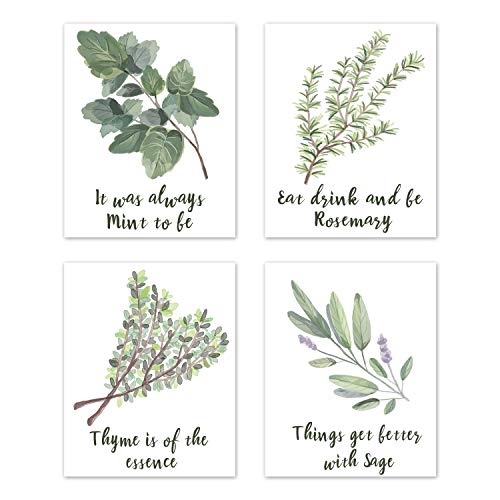 A LuxeHome Wall Art Home Funny Inspirational Puns Prints Signs Room Decor - for Kitchen and Dining Decorations – Botanical Vegetable Herbs Spices Plant Garden (Set of 4) Unframed 8 x 10 inches Green