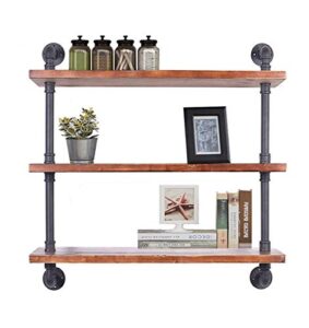 diwhy industrial pipe shelving bookshelf rustic modern wood ladder storage shelf 3 tiers retro wall mount pipe design diy shelving (black, l 36″)