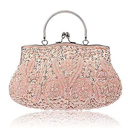 Noble Beaded Sequin Flower Evening Purse Large Clutch Bag Handbag for Women (Champagne)