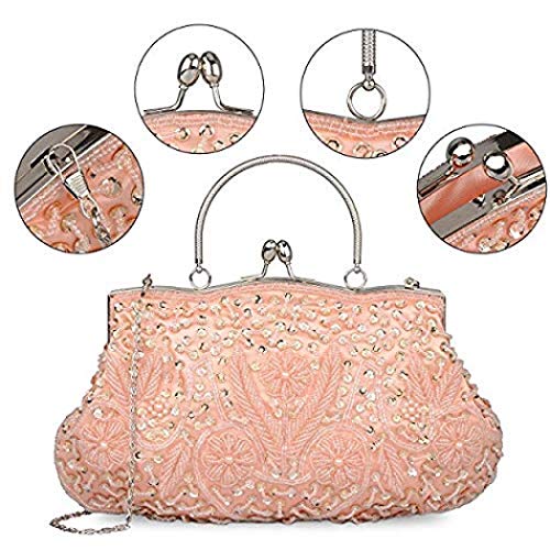 Noble Beaded Sequin Flower Evening Purse Large Clutch Bag Handbag for Women (Champagne)