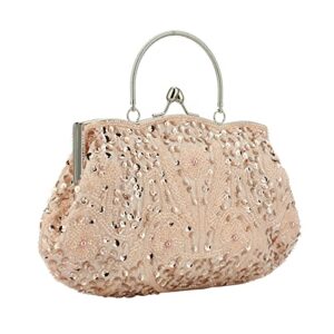 Noble Beaded Sequin Flower Evening Purse Large Clutch Bag Handbag for Women (Champagne)