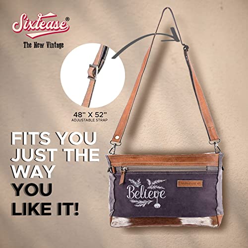 SIXTEASE Womens Shoulder Bag Vintage Style Shoulder Bags for Women - Made with Genuine Leather, Upcycled Canvas, or Hair On - Handmade, Adjustable Strap, Brass and Zinc Hardware - Believe