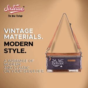 SIXTEASE Womens Shoulder Bag Vintage Style Shoulder Bags for Women - Made with Genuine Leather, Upcycled Canvas, or Hair On - Handmade, Adjustable Strap, Brass and Zinc Hardware - Believe