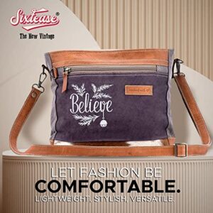 SIXTEASE Womens Shoulder Bag Vintage Style Shoulder Bags for Women - Made with Genuine Leather, Upcycled Canvas, or Hair On - Handmade, Adjustable Strap, Brass and Zinc Hardware - Believe