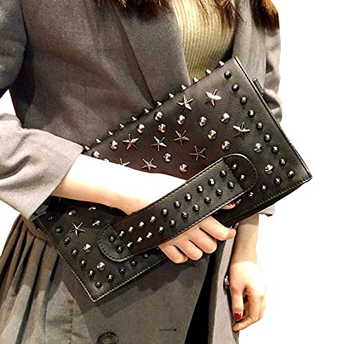 FiveloveTwo Women Small Punk Rivet Handbag Purse Clutch PU Satchel Shoulder Tote Top-handle Bag Black