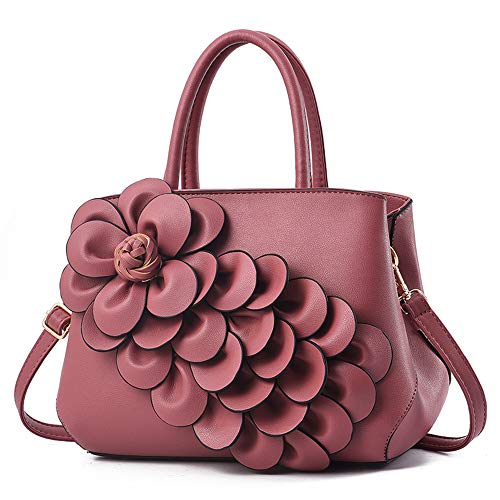 Mn&Sue Ladies Top Handle Satchel 3D Flower Women Elegant Handbags Pu Leather Crossbody Tote Purse (#2 Dark Pink)