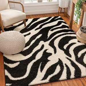 Well Woven Madison Shag Safari Zebra Black Animal Print Area Rug (3'11" x 5'3")