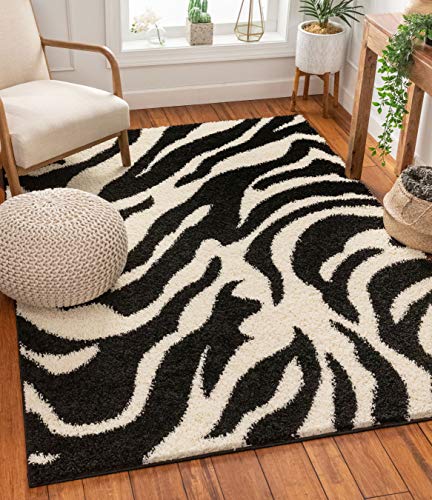 Well Woven Madison Shag Safari Zebra Black Animal Print Area Rug (3'11" x 5'3")