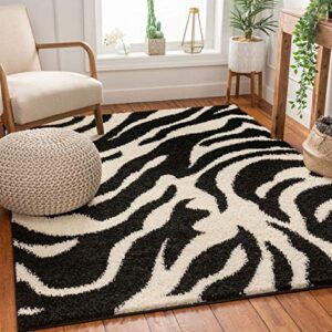 Well Woven Madison Shag Safari Zebra Black Animal Print Area Rug (3'11" x 5'3")