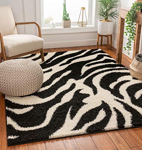 Well Woven Madison Shag Safari Zebra Black Animal Print Area Rug (3'11" x 5'3")